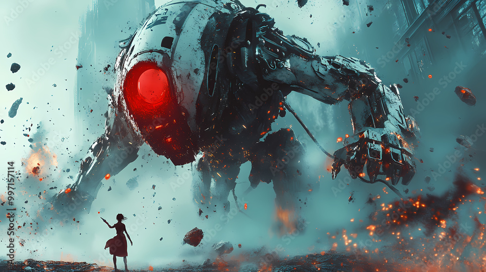 Cyber woman half human half robot flesh falling off showing robot ...