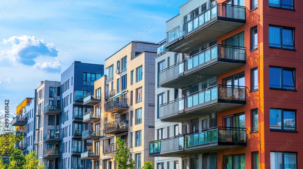 Urban apartment buildings with balconies display a modern living ...