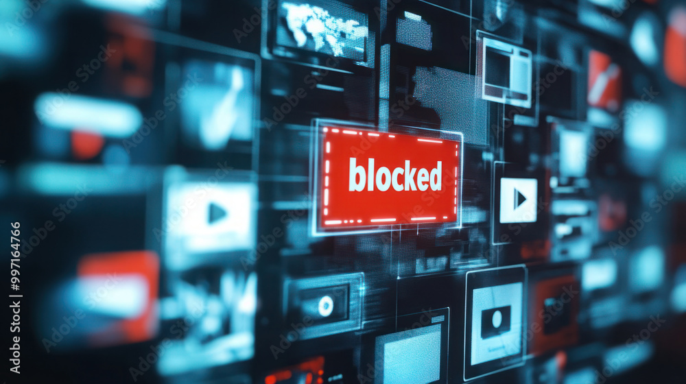Digital screen with multiple media icons and a "blocked" sign in red ...