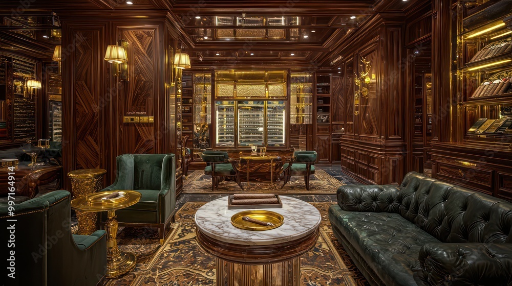 A deluxe cigar lounge with a marble-topped humidor, leather and velvet ...