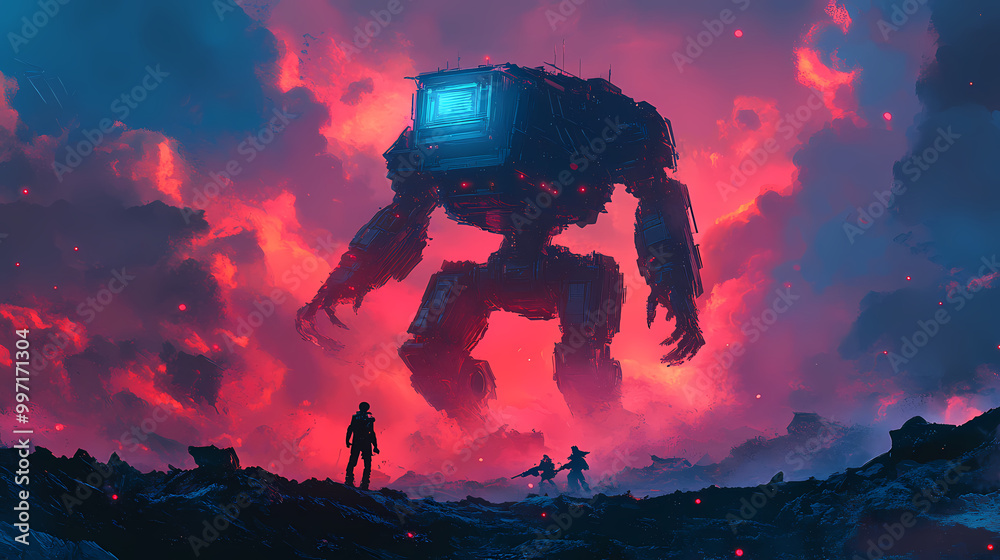 Epic battle reimagined david as futuristic cyborg warrior goliath as ...