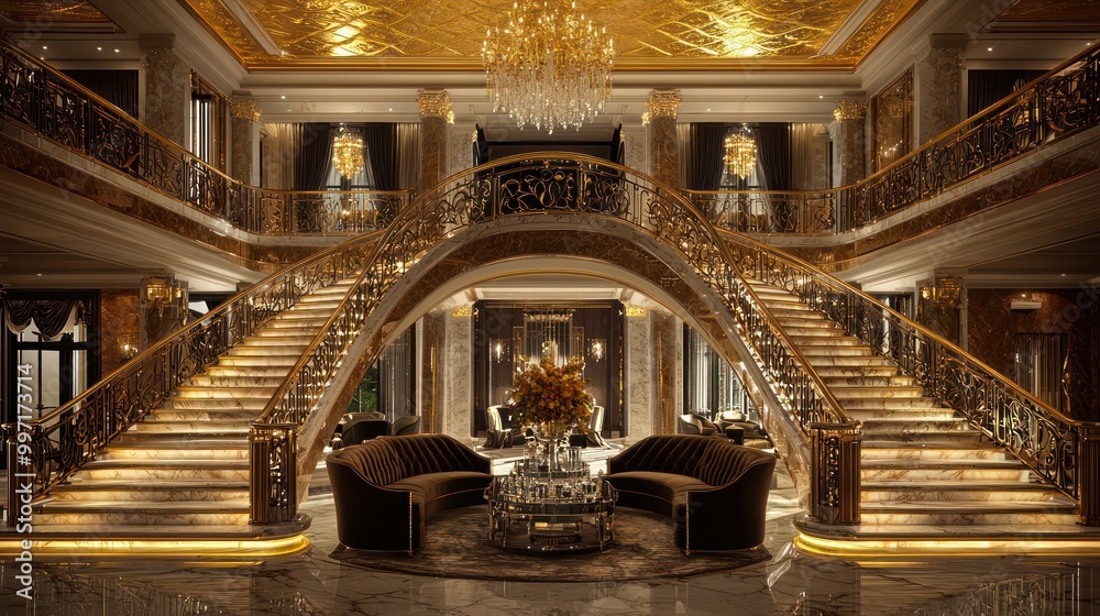 A grand foyer with dual marble staircases, a gold-leaf ceiling, and ...