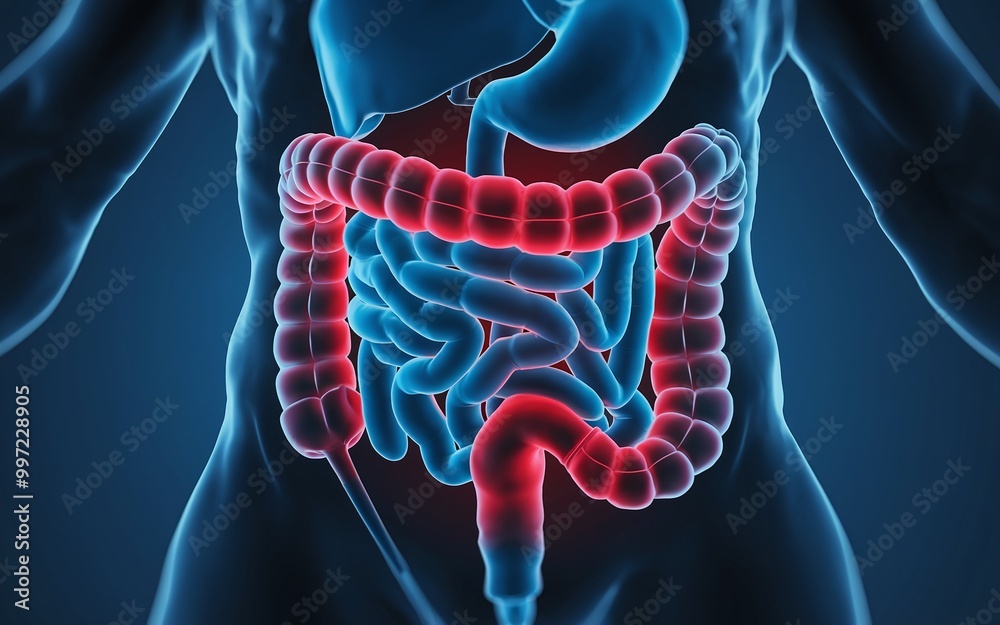 3D medical illustration of human digestive system with highlighted ...