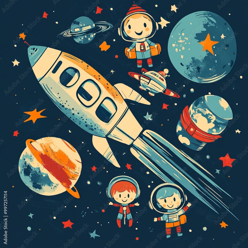 Cute cartoon astronauts and a rocket ship soaring through space with ... Cute cartoon astronauts and a rocket ship soaring through space with ...