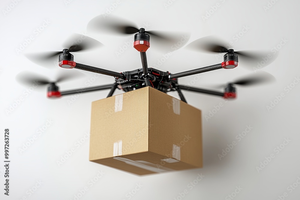 Large cargo drone carrying a cardboard package in mid air representing ...
