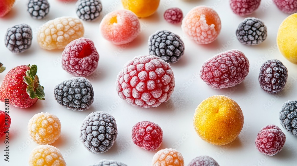 Frozen fruits and vegetables in vibrant colors, scattered randomly in a ...