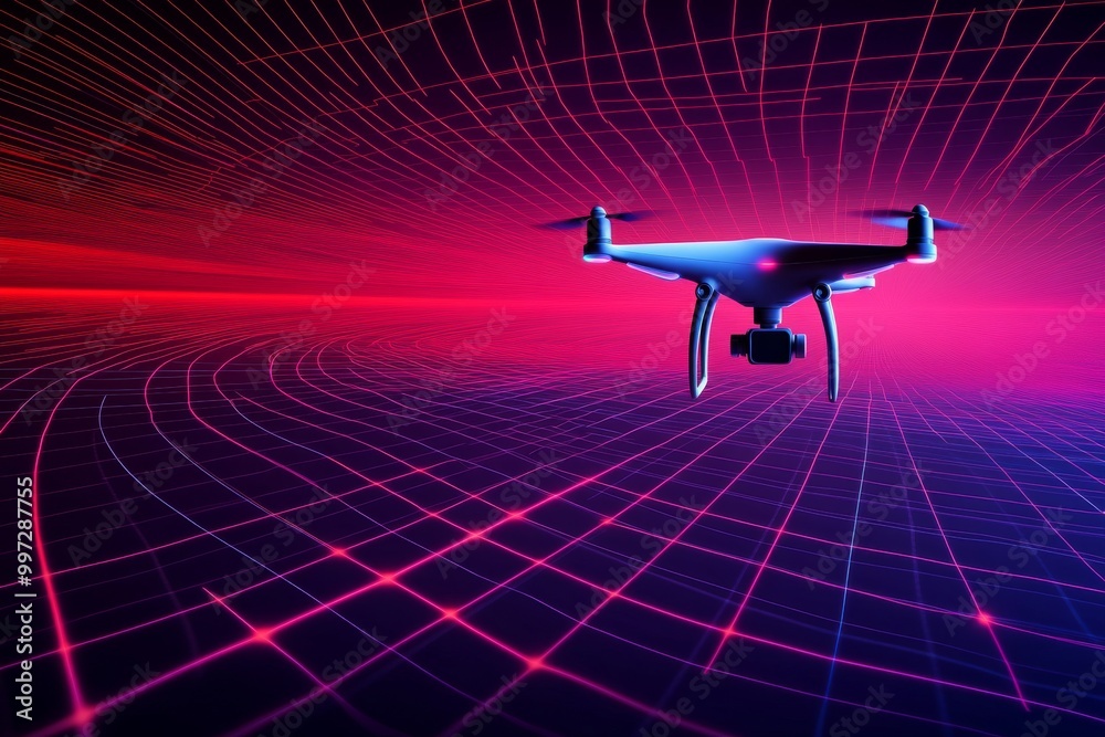 Red and blue neon outlined drone flying through a neon tunnel ...