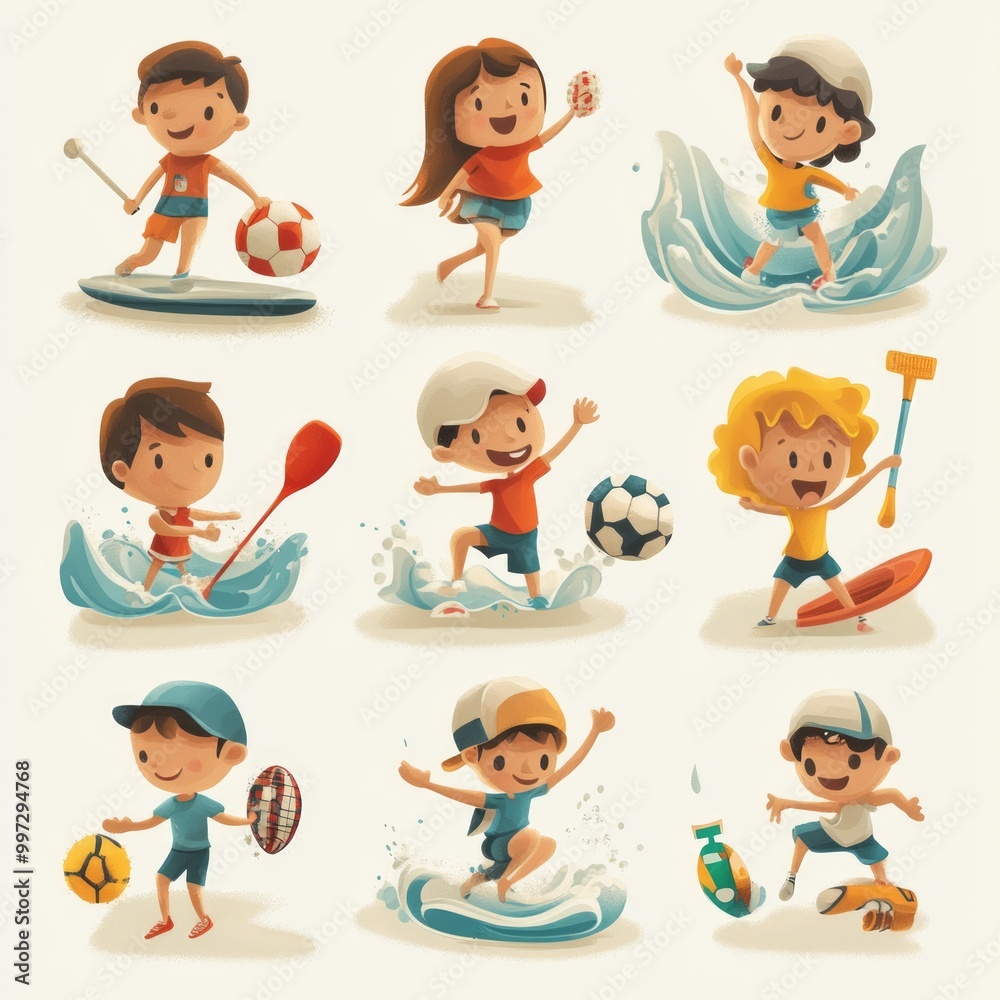 Nine cartoon children playing various sports, including surfing, soccer ...
