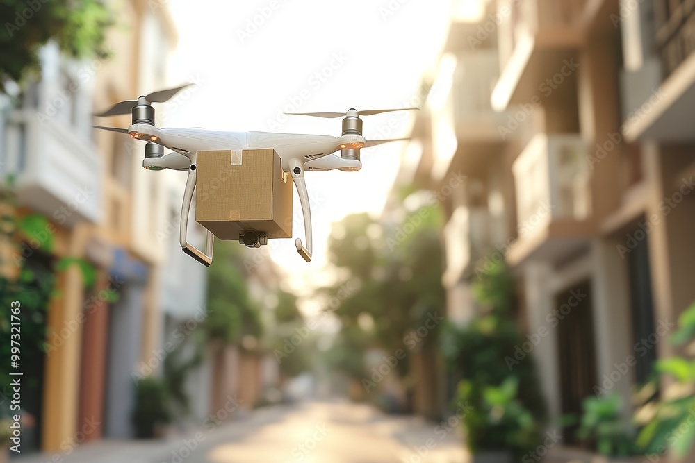 Drone delivering a package in a residential area with sunlight ...