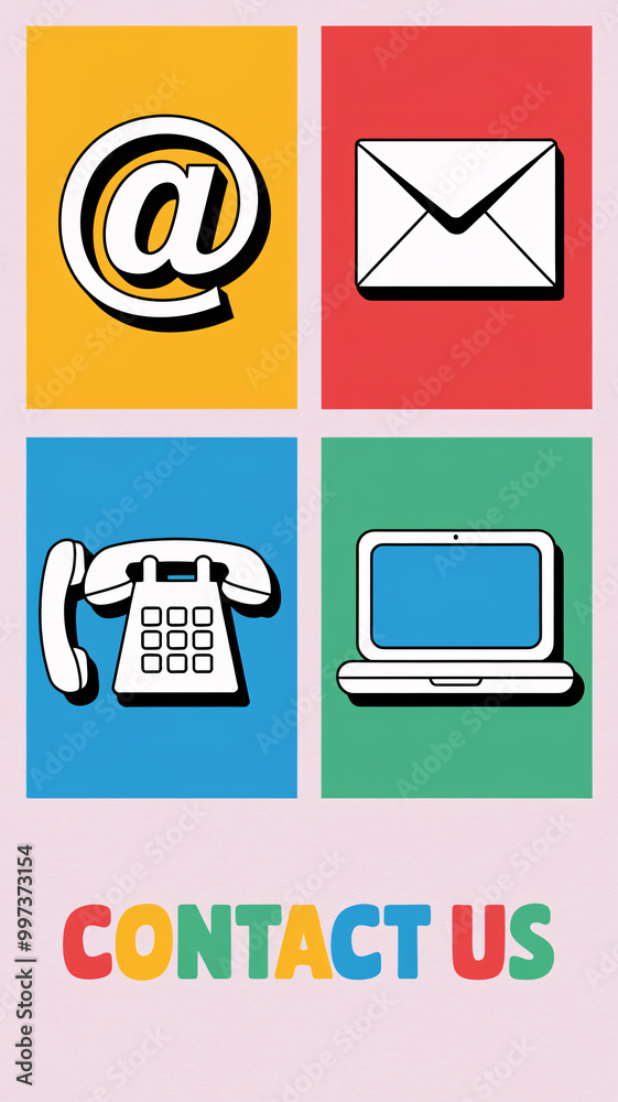 Colorful Minimalist Contact Us Graphic with Bold Icons and Text, Bright ...