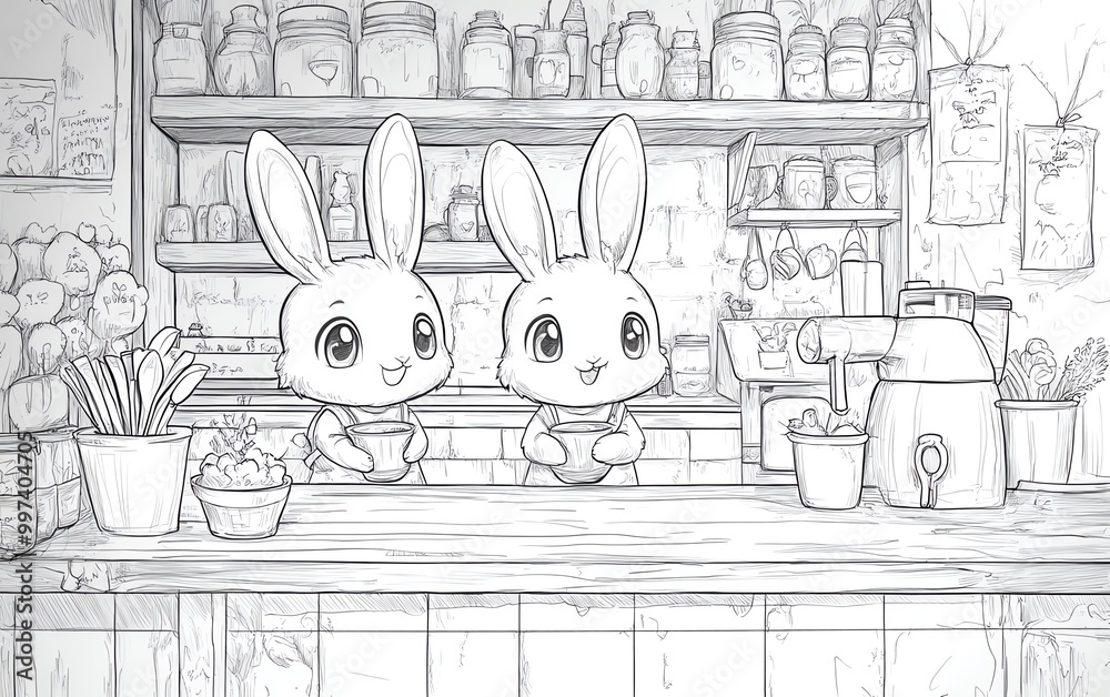 Handdrawn, black and white scene of chibi bunnies in a magical cafe ...