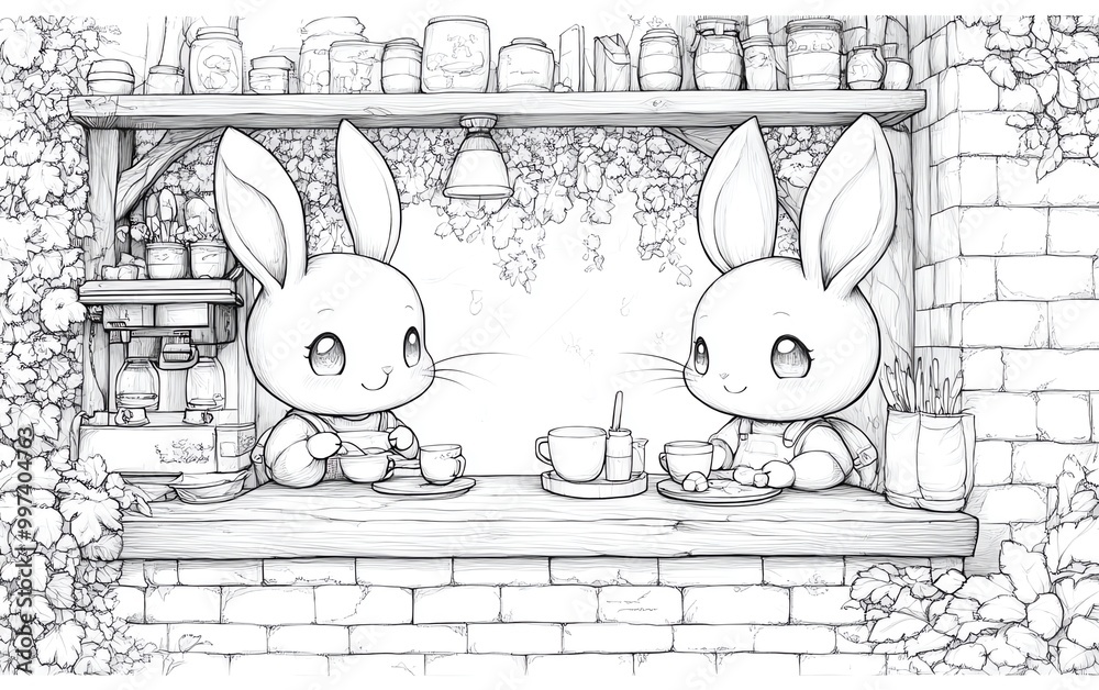 Handdrawn, black and white scene of chibi bunnies in a magical cafe ...