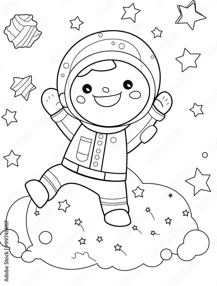 Coloring page for kids, a happy, cute cartoon baby astronaut floating ...