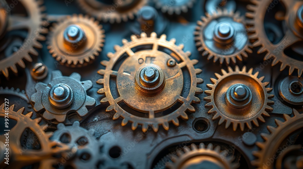 Steampunk clockwork mechanism featuring brass gears, cogs, vintage ...