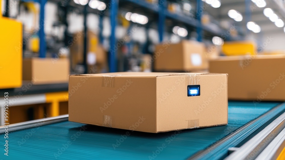 Automated Packaging Line with Conveyor Belt and Cardboard Boxes Stock ...