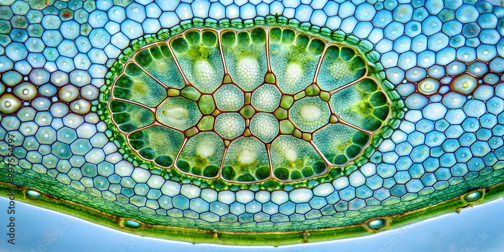 Cross-section of plant stem showing xylem, phloem, and vascular tissues, botany, science ...