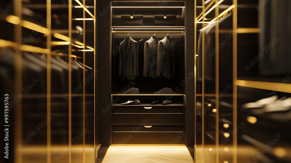Black and Gold Luxury Wardrobe with Floating Shelves A bold black and ...