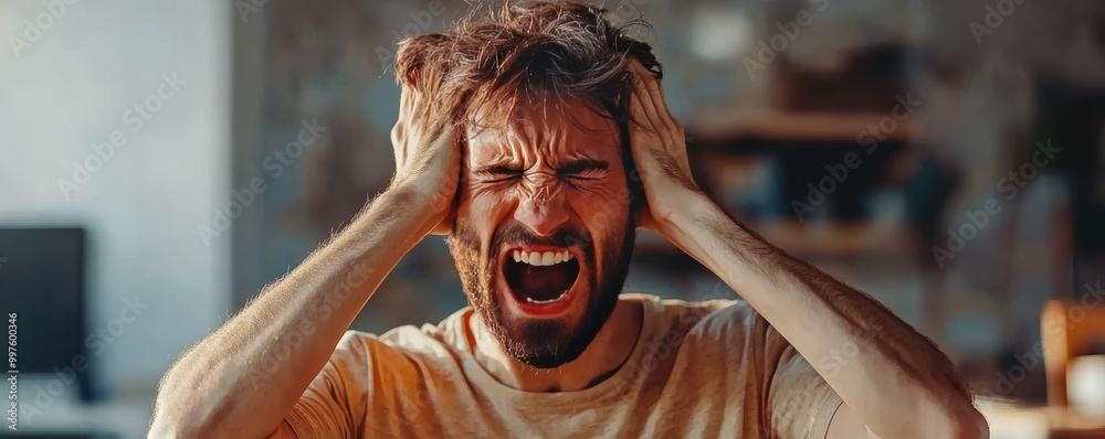 Person screaming in frustration hands gripping their head intense red ...