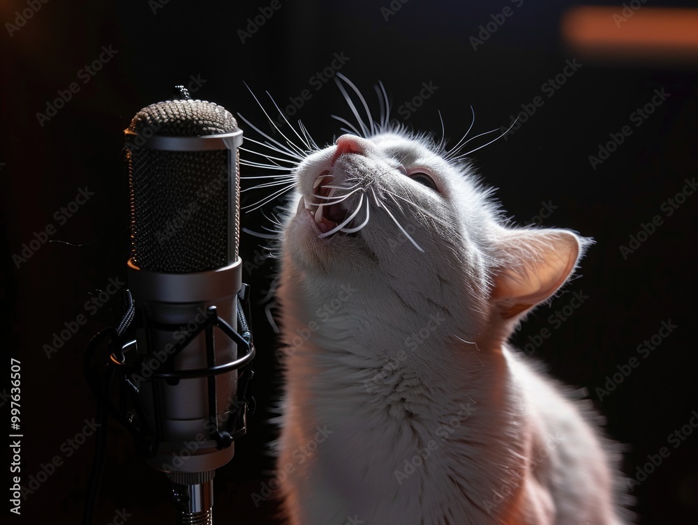 Funny white cat singing into microphone, pet in professional recording ...