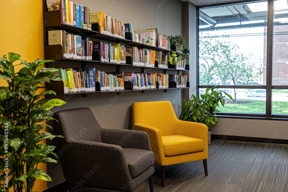 A wall of the office library showcasing new arrivals and staff picks ...