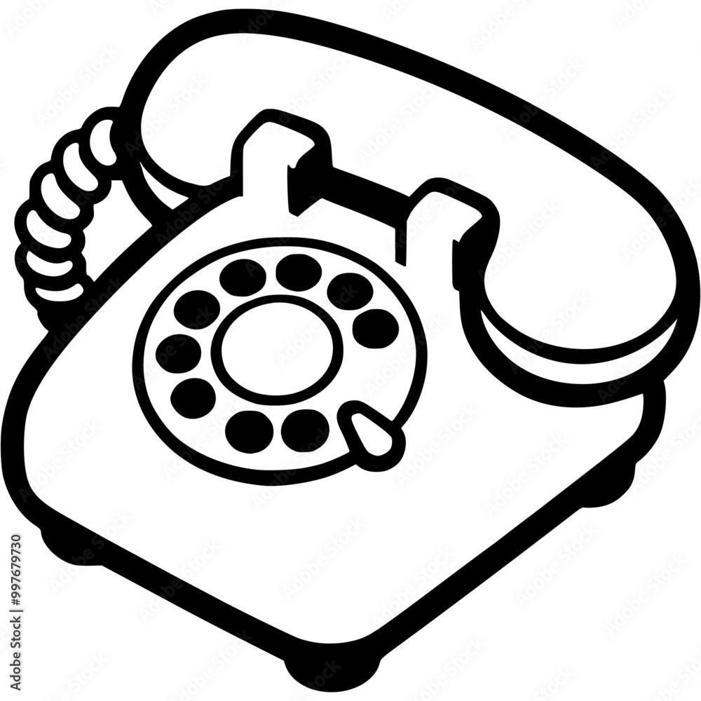 White corded telephone with rotary dial in monochrome. Simple ...