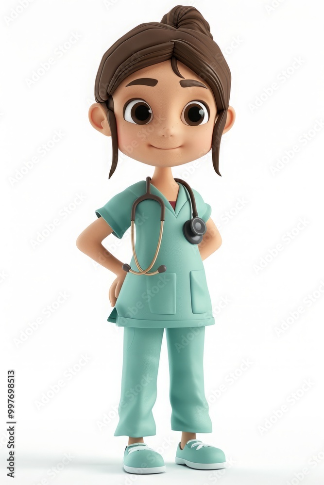 A cartoon character of a young girl in a medical scrubs outfit. Stock ...