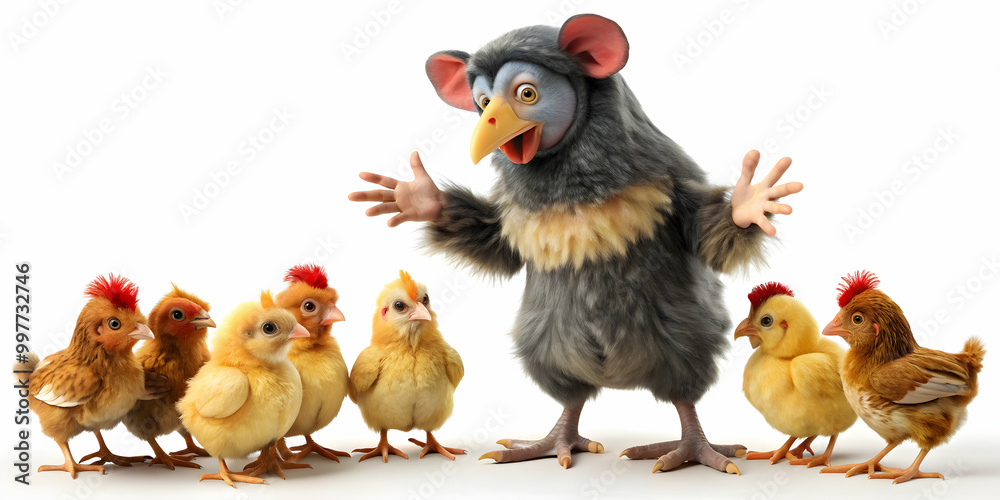 A monkey dressed as a mouse explaining to his chicken, rooster, and ...