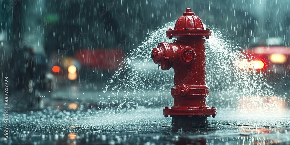 Red fire hydrant spraying water, heavy rain falling on the ground Stock ...