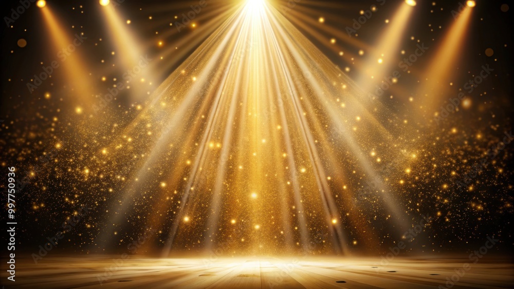 Spotlight on empty stage with golden light rays and floating dust ...