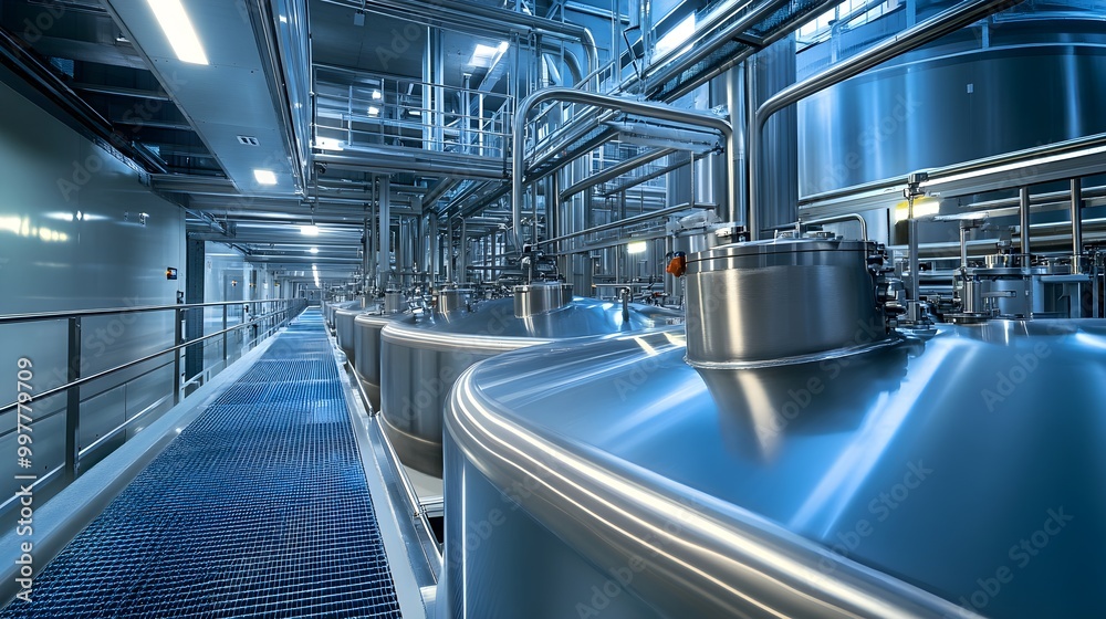Pristine stainless steel tank in a modern food processing facility ...