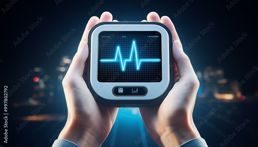 Hands holding a digital heart monitor, with the display showing heart ...