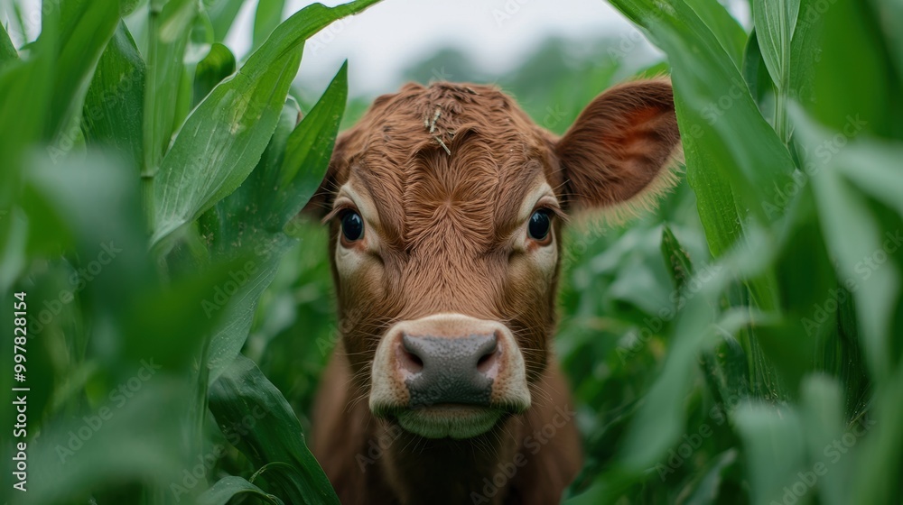 Curious cow peeking through corn field の Stock フォト | Adobe Stock