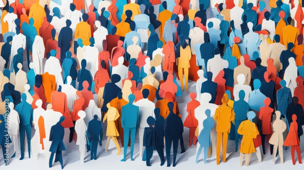 Diverse crowd of paper cut out people in various poses on white ...