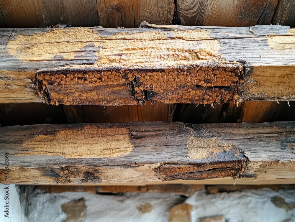 Destroyed wooden beams with visible termite activity, Termite ...