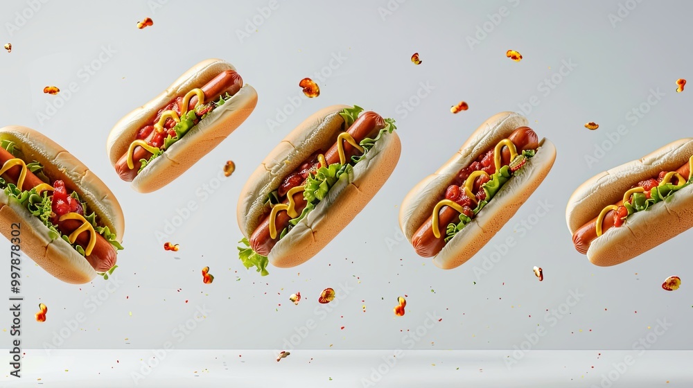 Flying hot dogs captured mid-air over a clean white background ...