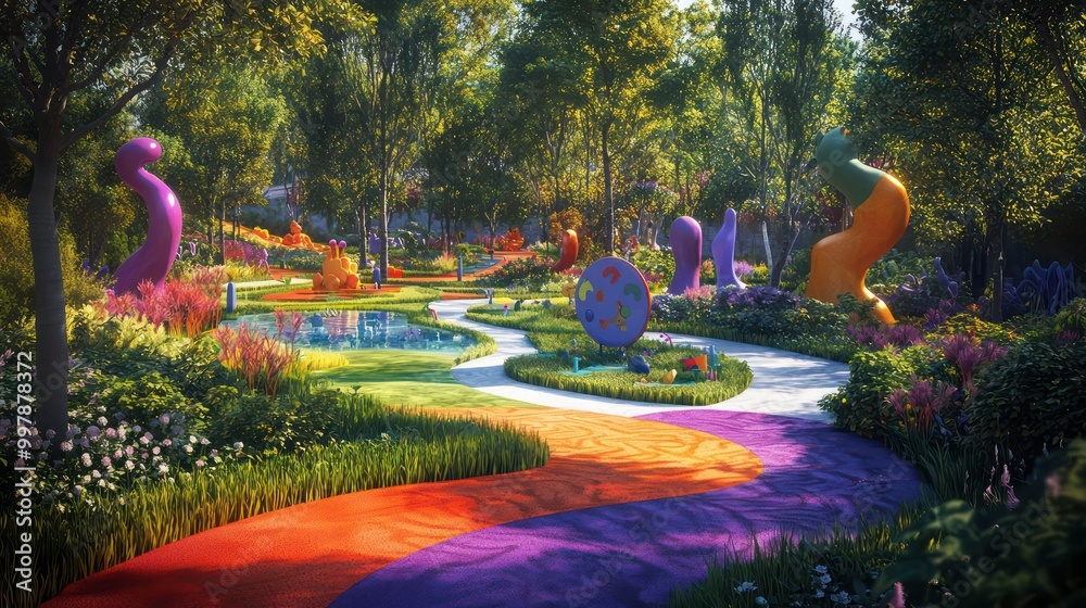 A vibrant, colorful childrena??s garden with playful sculptures ...