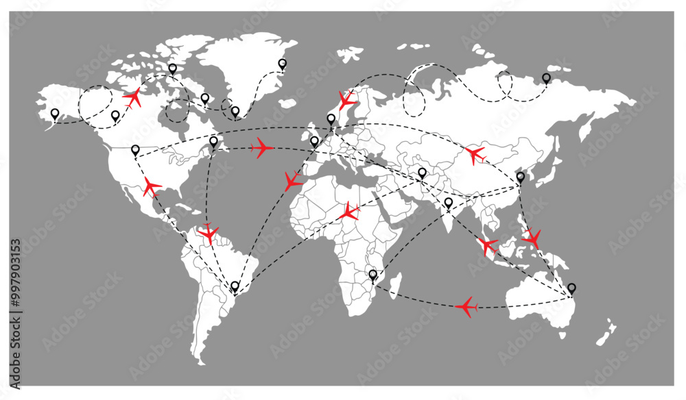 flight line paths going across blue world map, flying white airplanes ...