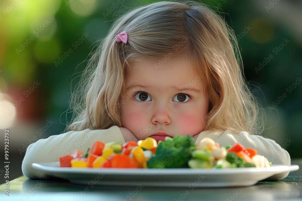 Little girl staring at plate of food. This photo can be used to ...