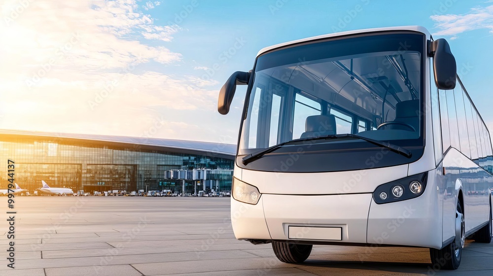 Airport transfer depicting a shuttle bus parked beside a modern airport ...