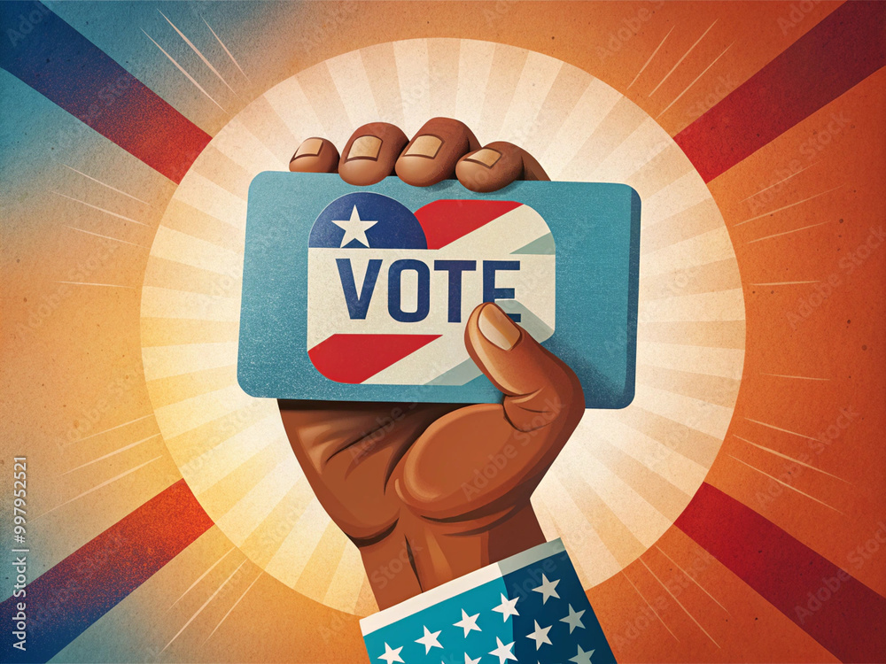 hand is raised, holding voting card that prominently displays word VOTE ...