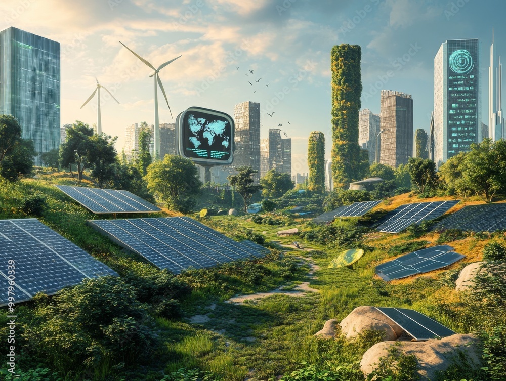 2408 176.A futuristic landscape showcasing environmental technology ...