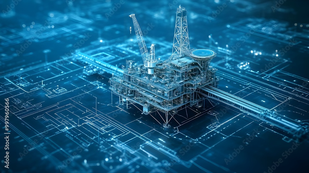 Blueprint images of a modern oil rig featuring industrial design ...