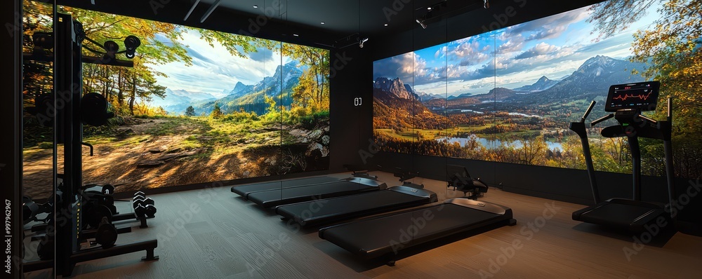 A home gym with walls that display virtual landscapes for an immersive ...