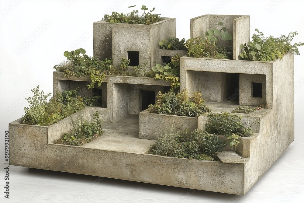 Architectural model of a concrete eco-housing complex with rooftop ...