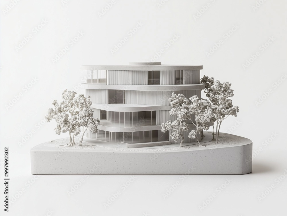 3D printed model of a circular multi-story building with surrounding ...