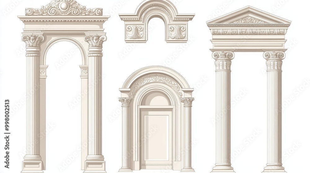 Antique architectural vector elements: Roman arch, Greek temple door ...