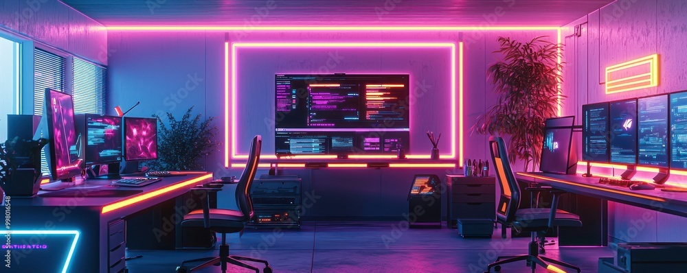 Home office with a minimalist cyber tech theme, featuring streamlined ...