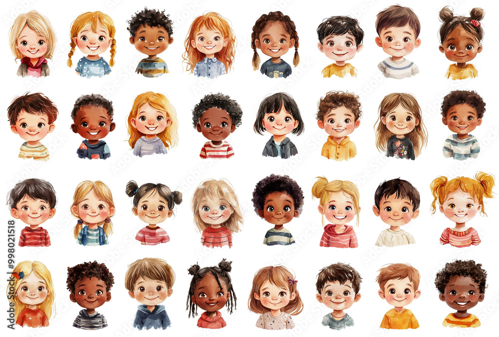 Watercolor cartoon happy kids clipart, multinational children faces ...