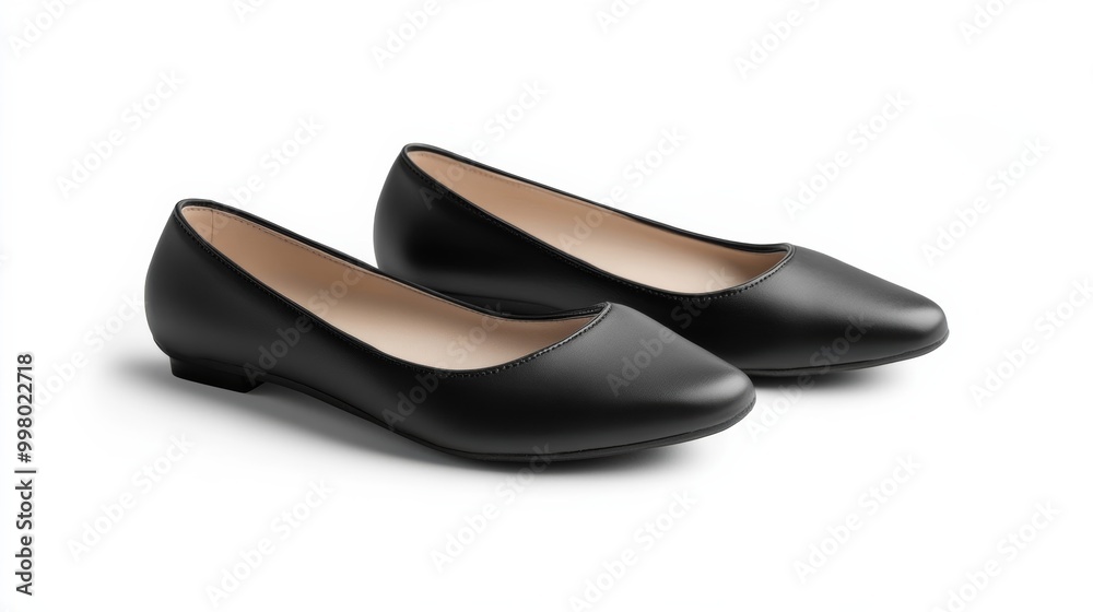 Classic black ballet flats with rounded toes isolated on a white ...