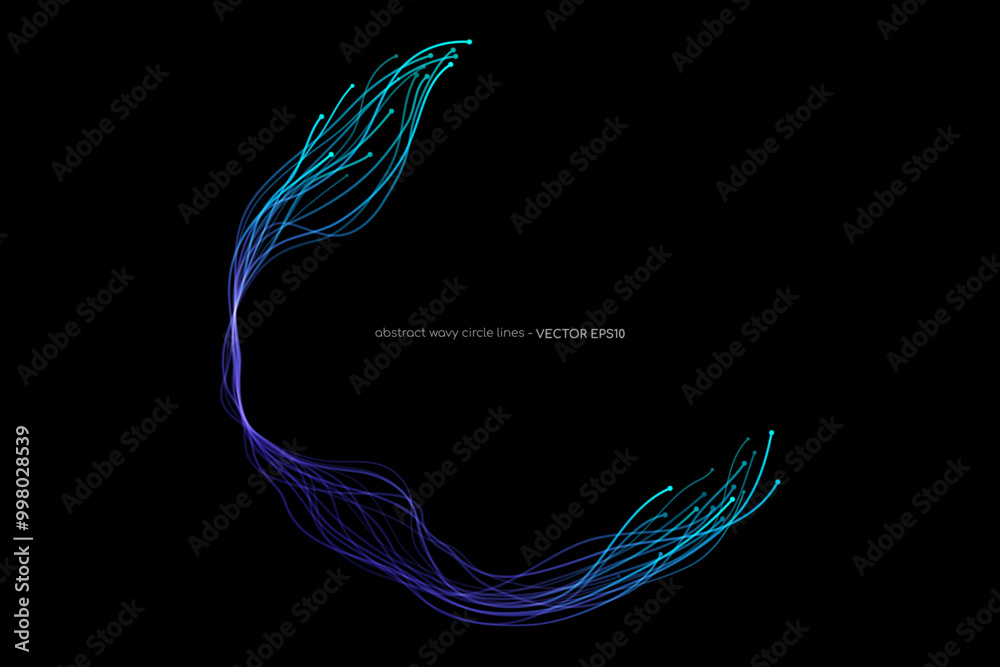 Abstract vector wavy dynamic blue light lines circle swirl round frame isolated on black ...